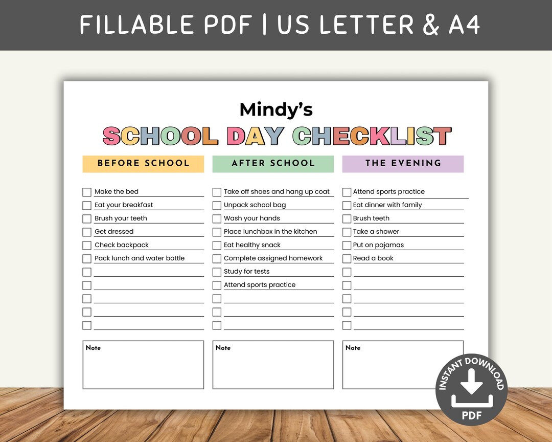 School Day Checklist Fillable PDF, Kids Daily Routine, Responsibility ...