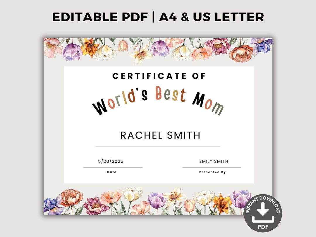 World's Best Mom Certificate Printable, Editable PDF, Mother's Day Gift ...