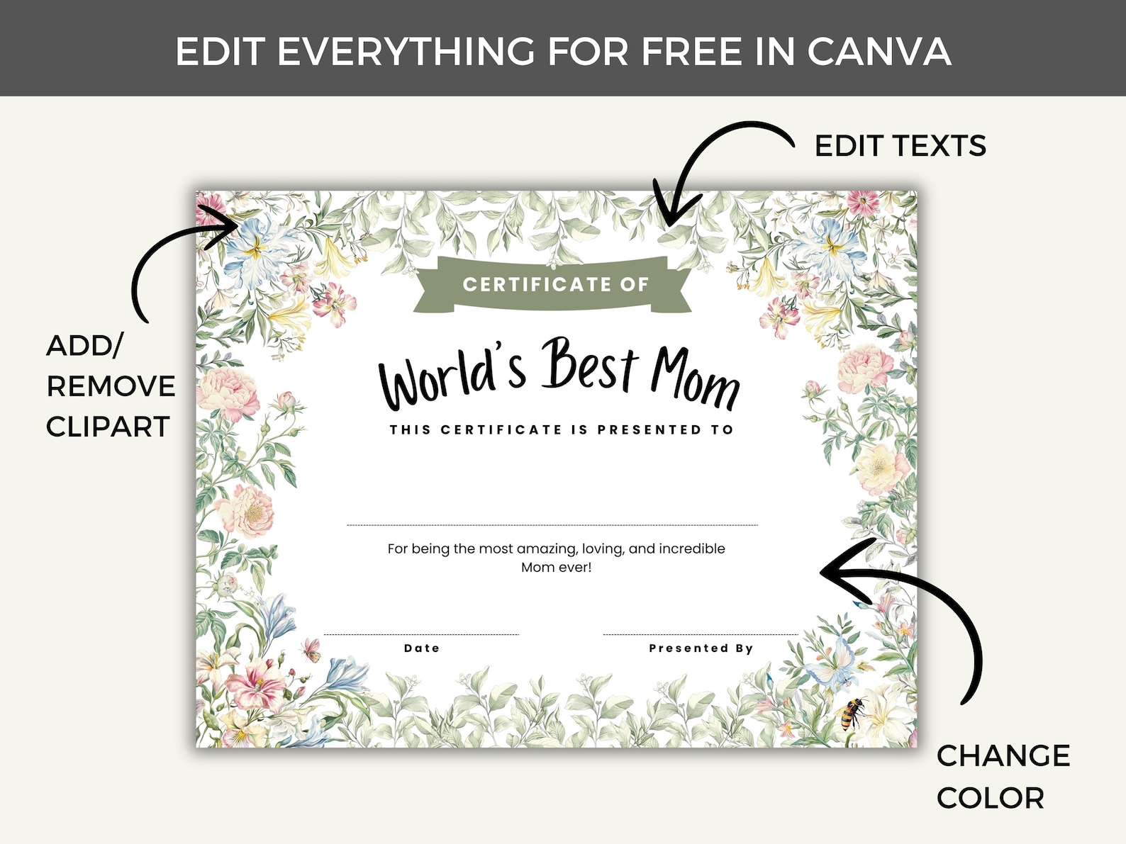World's Best Mom Certificate Template, Spring Flowers Printable Mom ...