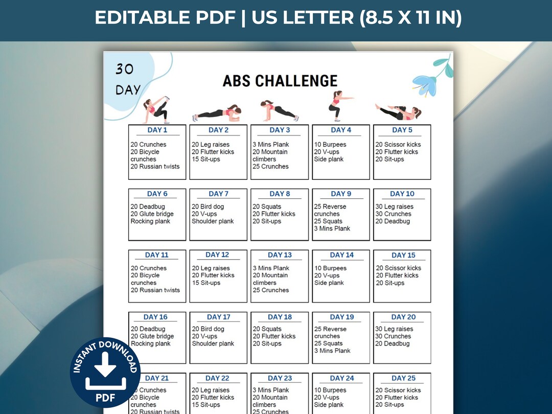 30 Day Workout Challenge Template, Printable Exercise Planner, ABS ...
