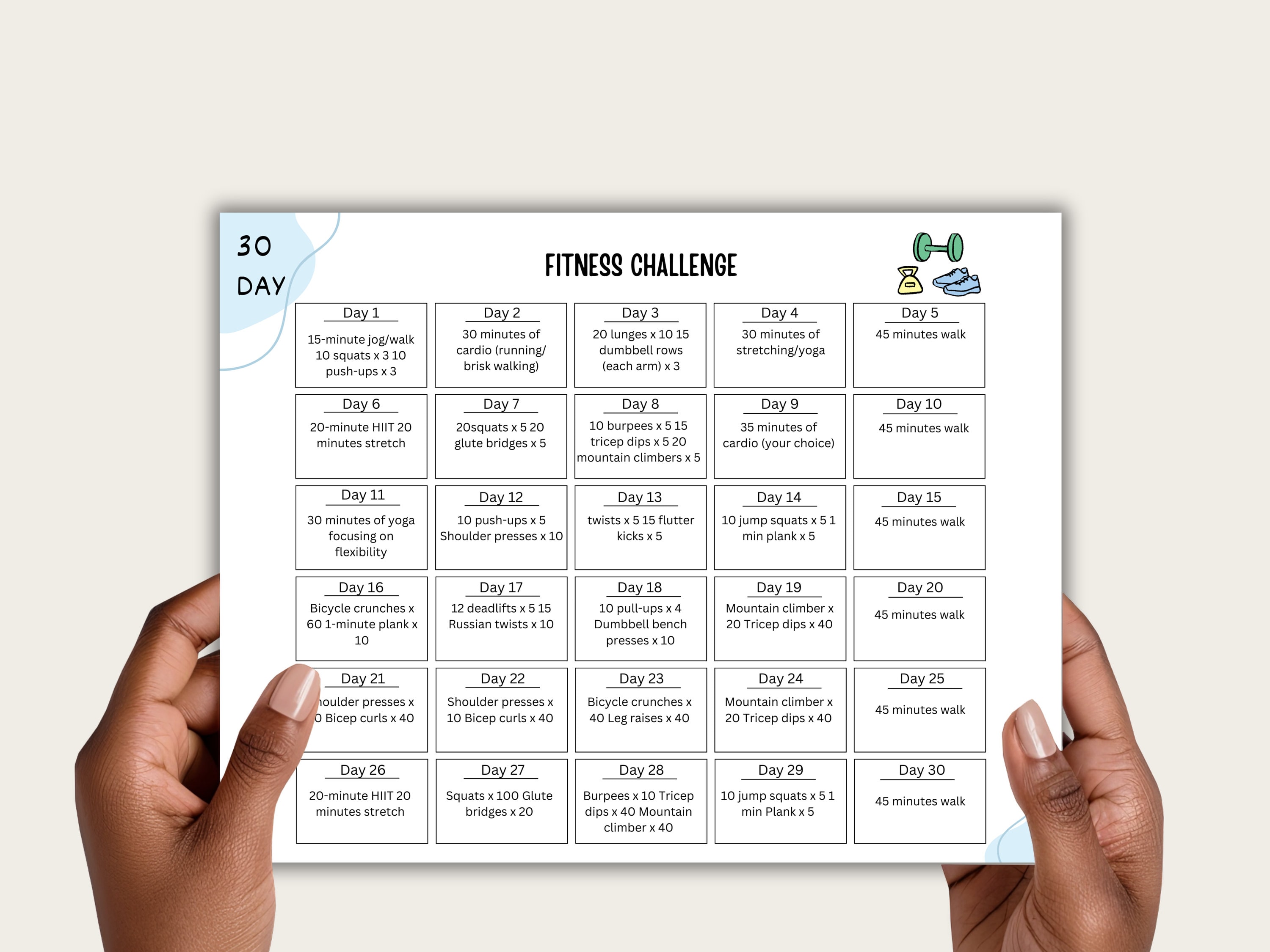 30 Day Fitness Challenge, Printable Home Workout Planner Editable PDF ...