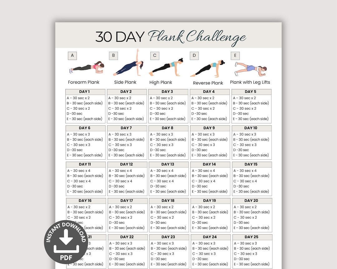 30 Day Plank Challenge Printable, Fitness Guide, Strong Core Workout ...
