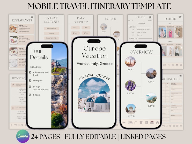 Travel Itinerary Template, Editable Mobile Trip Itinerary Canva ...