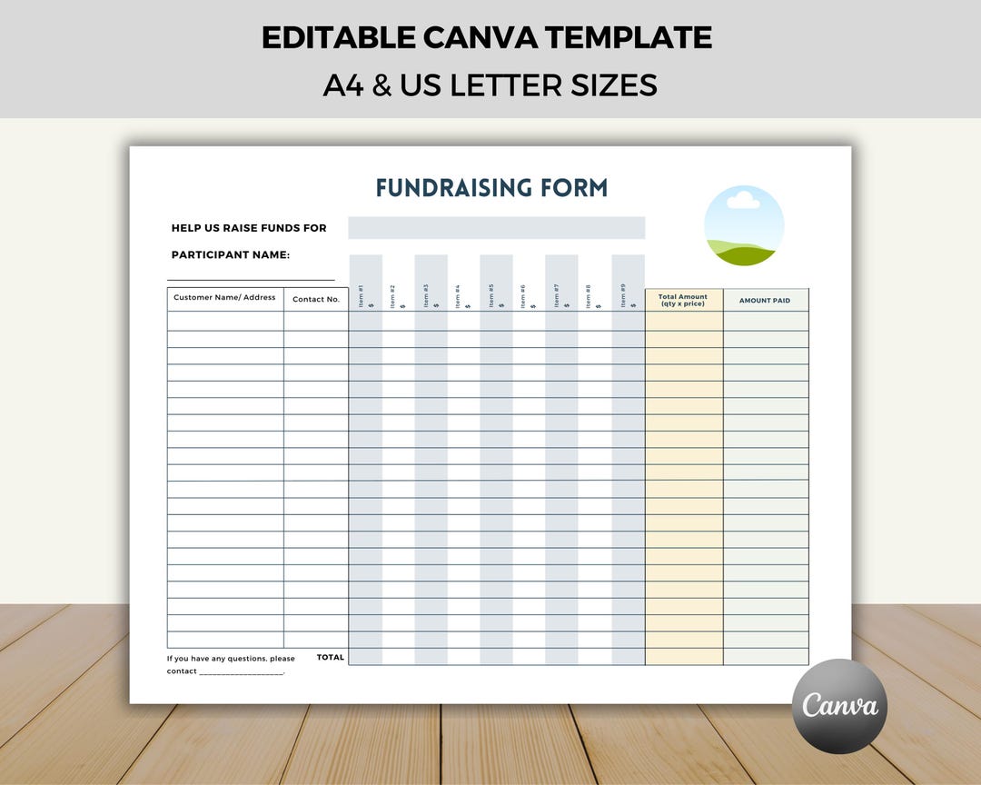 Editable Fundraising Form, Landscape Raising Fund, Canva Template ...
