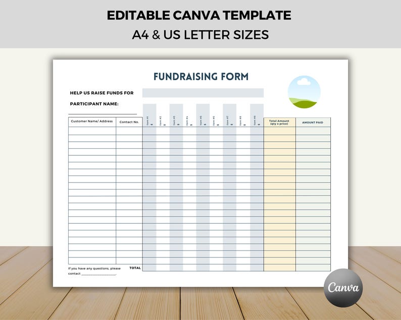 Editable Fundraising Form, Landscape Raising Fund, Canva Template ...