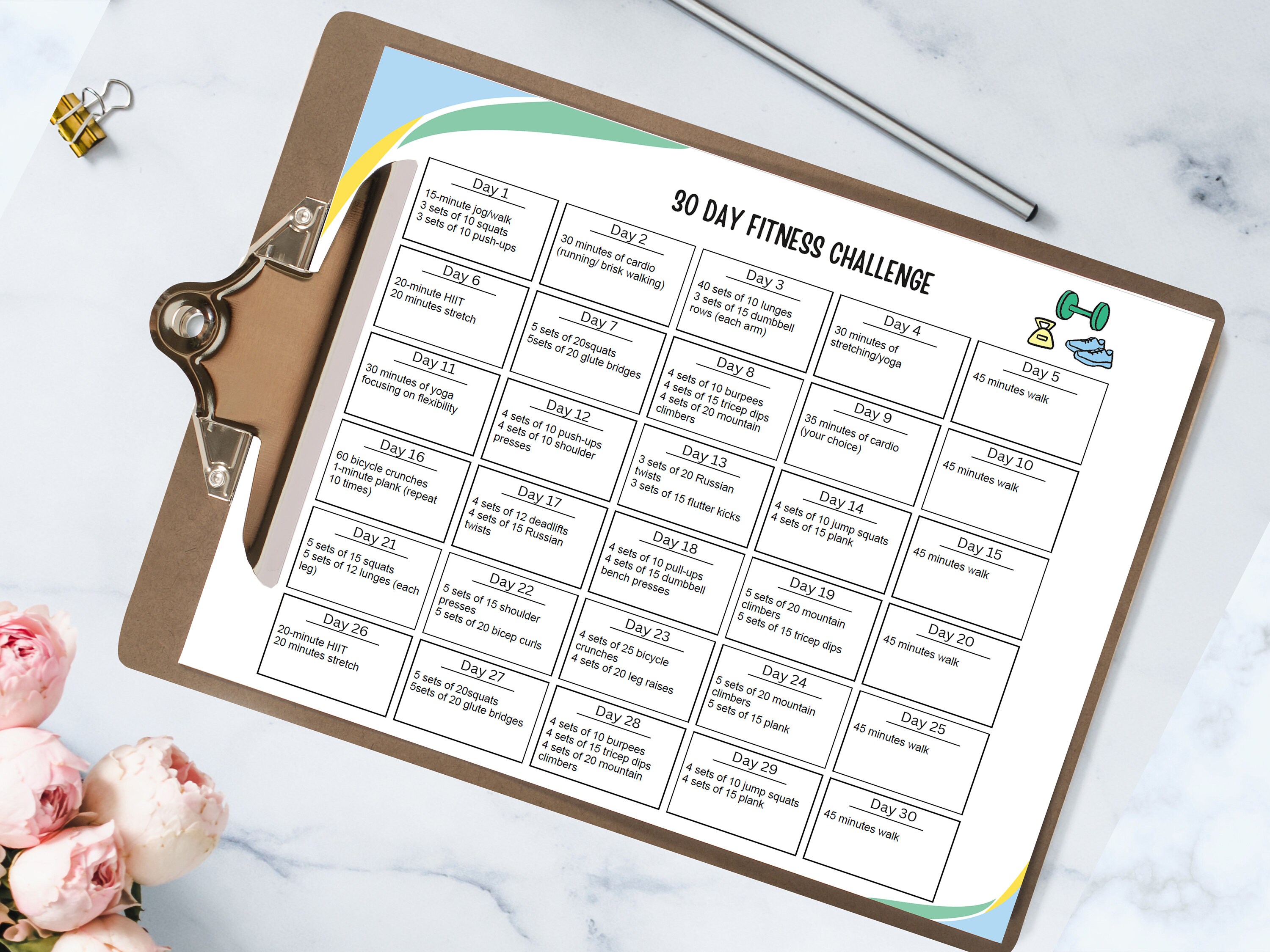 30 Day Fitness Challenge Printable, Home Workout Planner Editable PDF ...