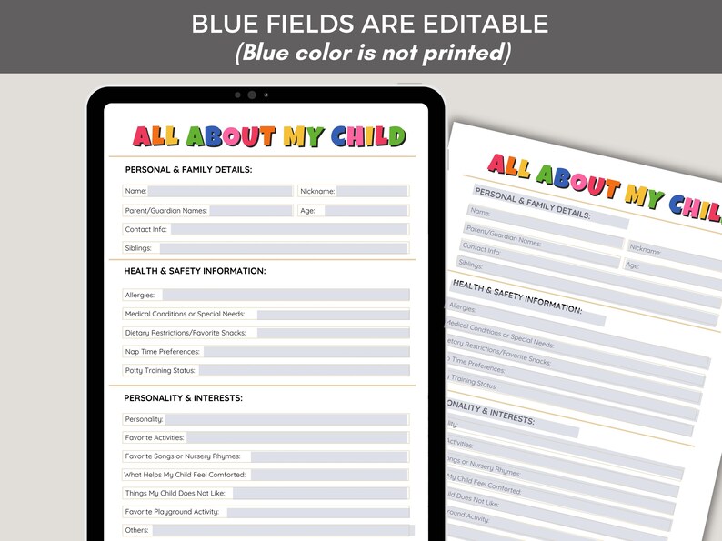 All About My Child Daycare Sheet, Printable Childcare Form, Child Info ...