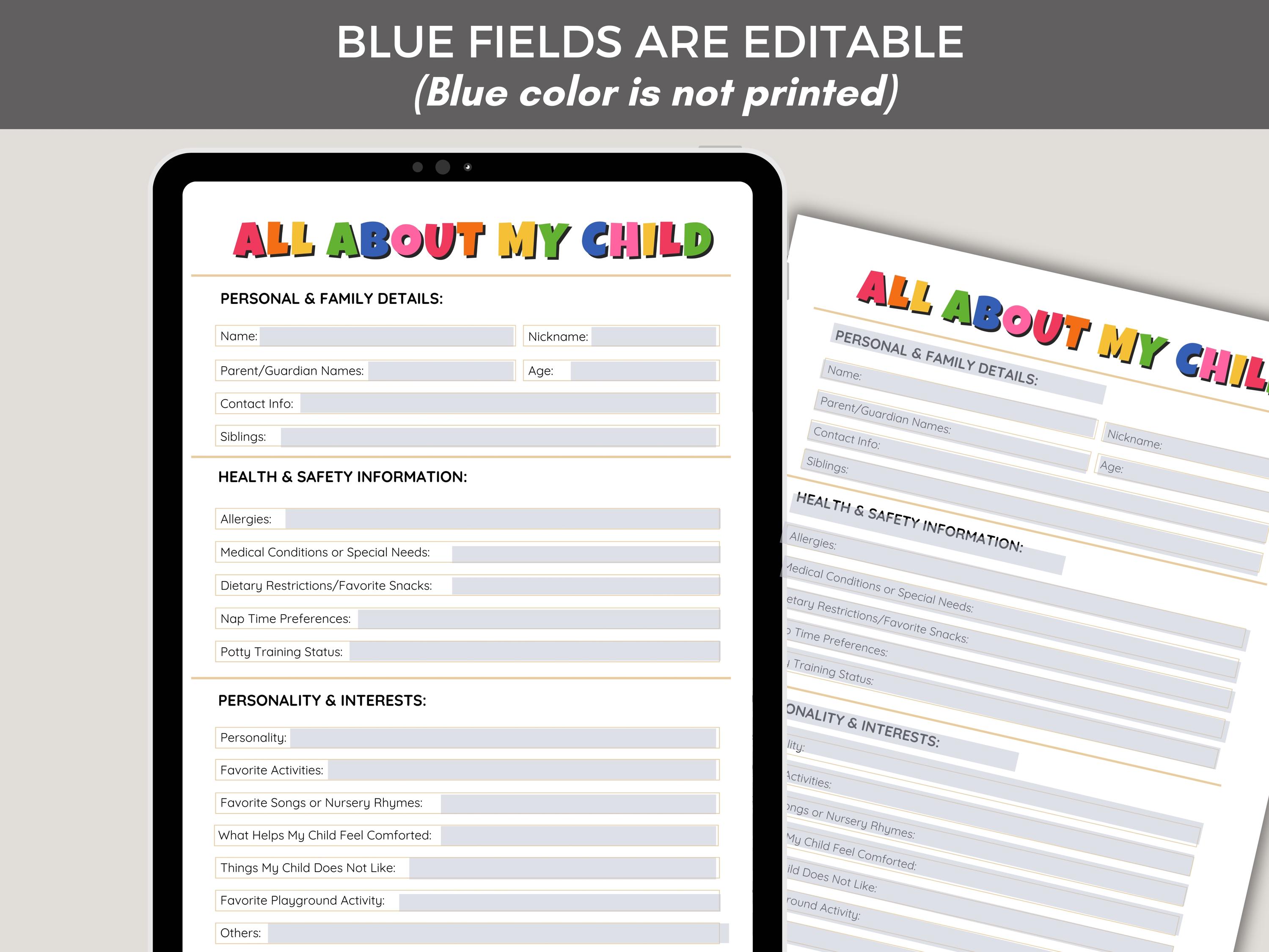 All About My Child Daycare Sheet, Printable Childcare Form, Child Info ...