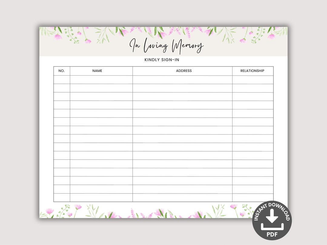 Funeral Guest Book Sign in Sheet, Printable Guest List for Celebration ...