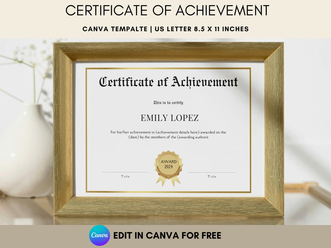 Certificate of Achievement Template, Gold Border, Editable Canva Award ...