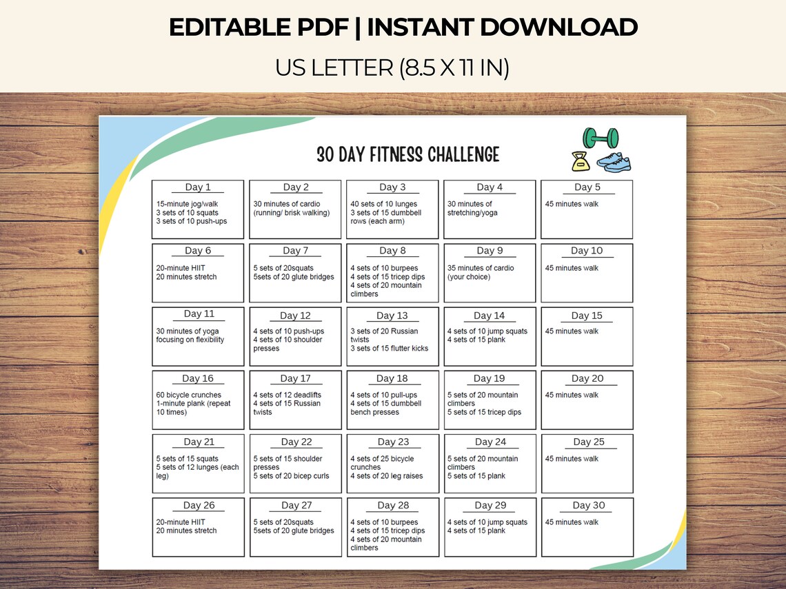 30 Day Fitness Challenge Printable, Home Workout Planner Editable PDF ...