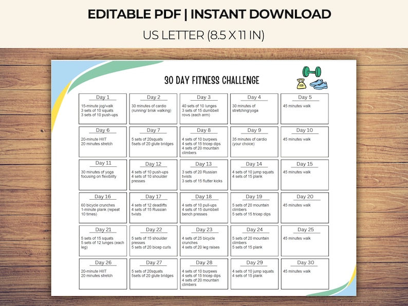 30 Day Fitness Challenge Printable, Home Workout Planner Editable PDF ...