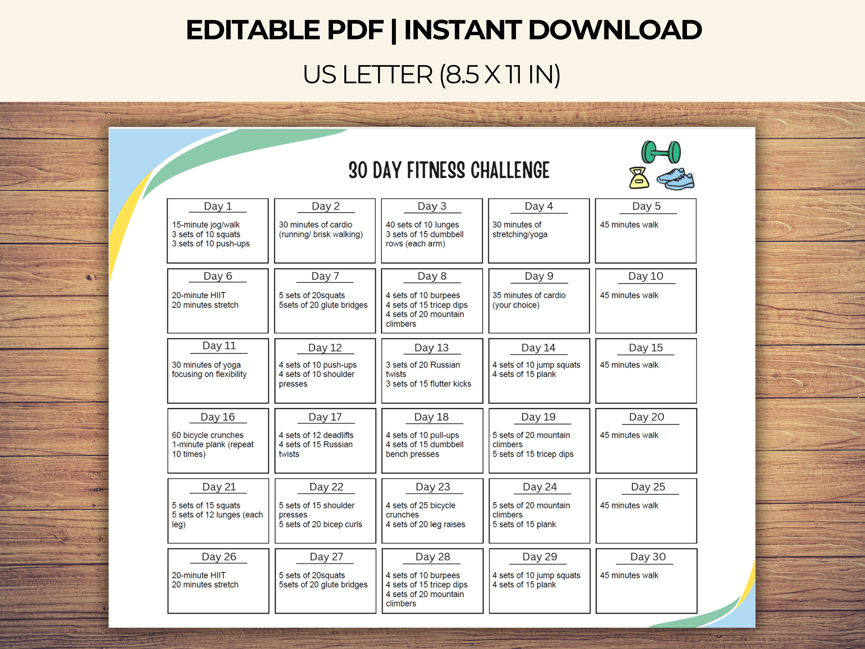 30 Day Fitness Challenge Printable, Home Workout Planner Editable PDF ...