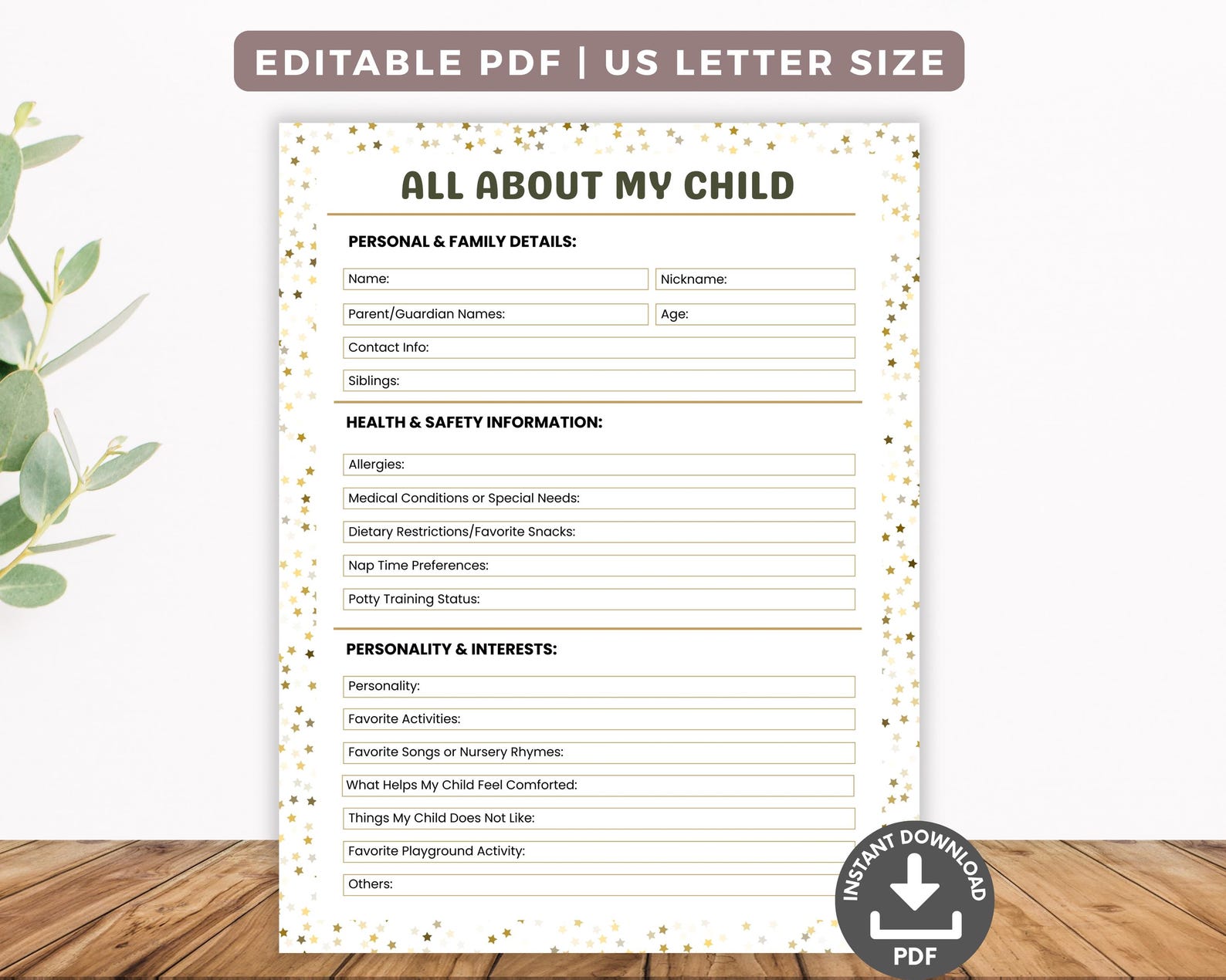 All About My Child Daycare Sheet, Printable Childcare Form, Child Info ...