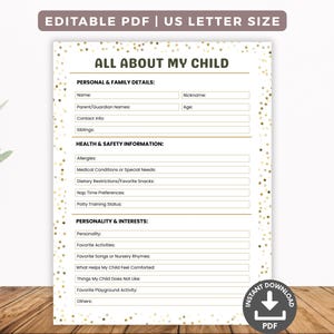 All About My Child Daycare Sheet, Printable Childcare Form, Child Info ...