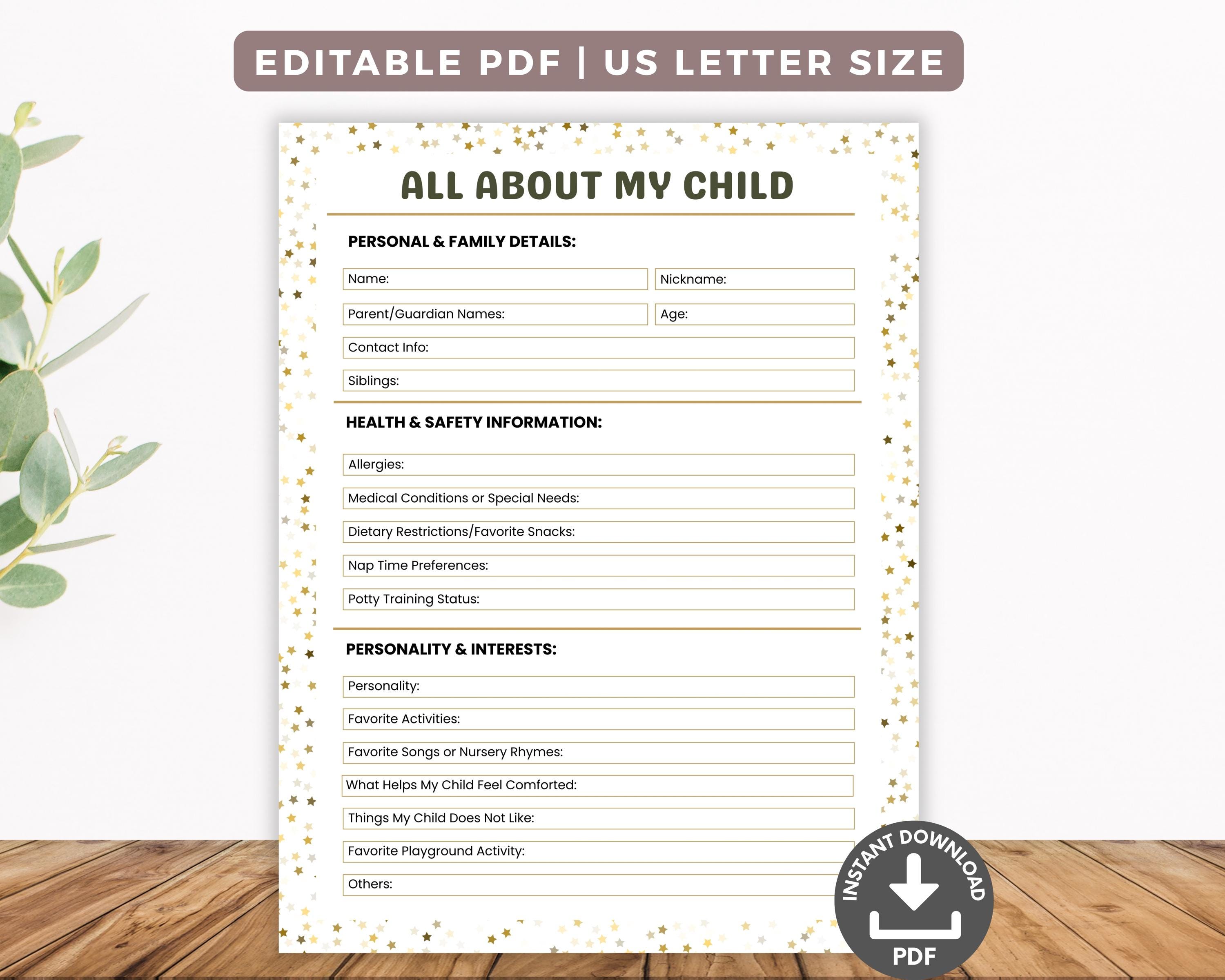 All About My Child Daycare Sheet, Printable Childcare Form, Child Info ...