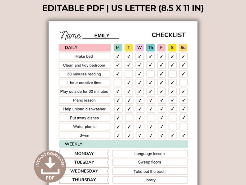 Chore Chart for Kids Printable, Editable Daily and Weekly Kids to Do ...