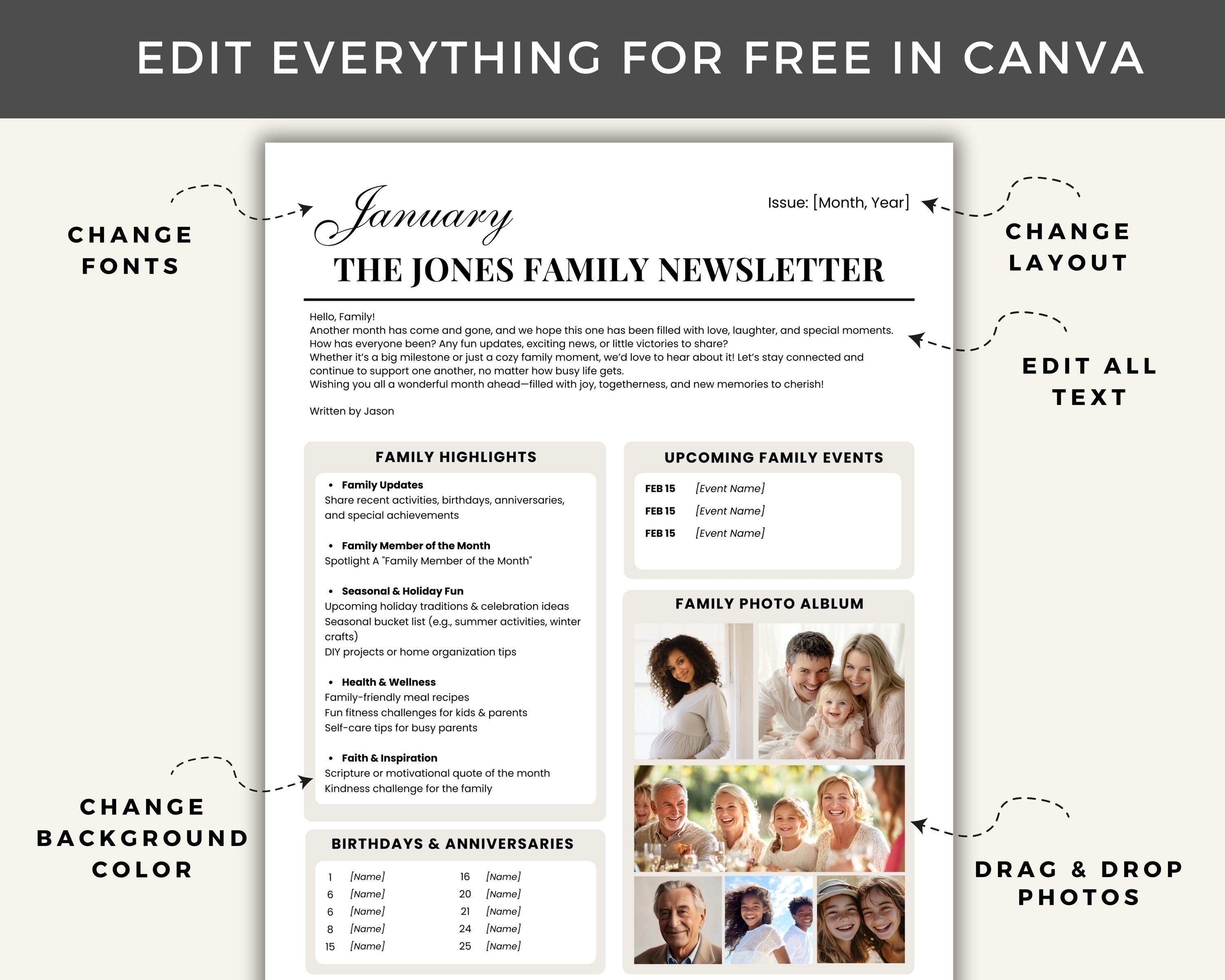 Monthly Family Newsletter With Photos, Minimalist One Page Newsletter ...