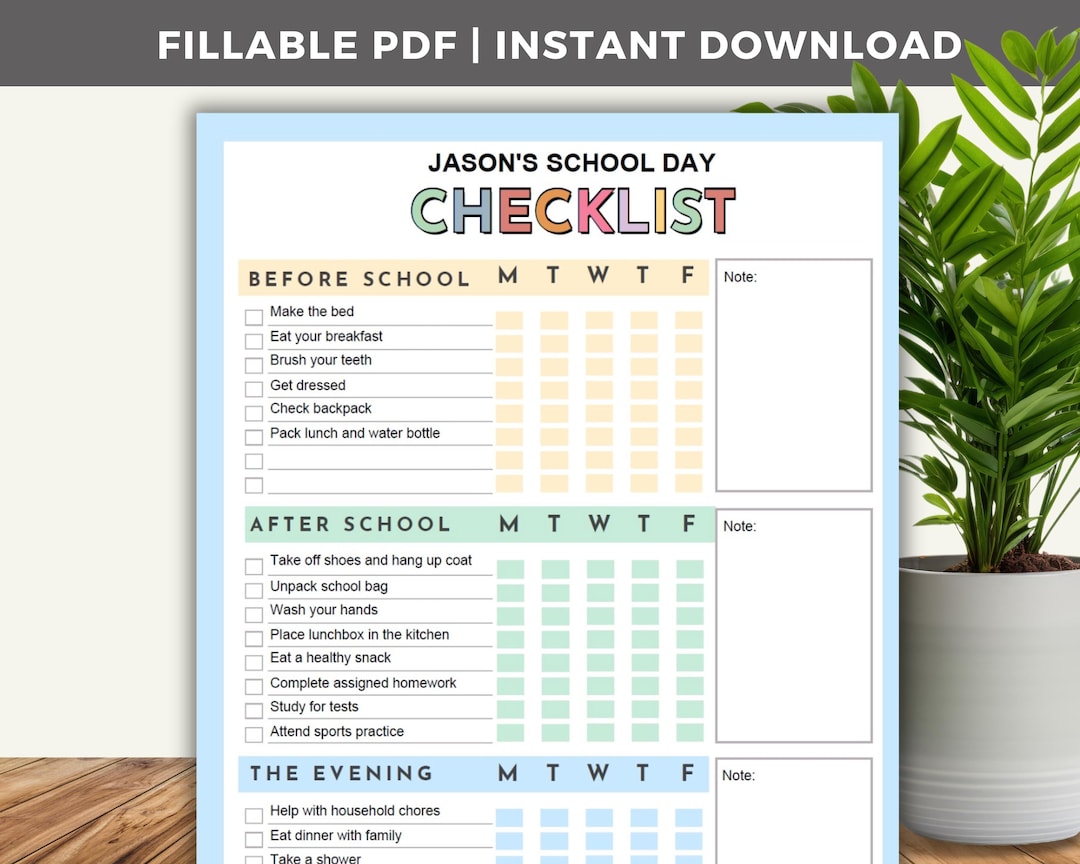 School Day Checklist Printable Fillable PDF, Kids Daily Routine Chart ...