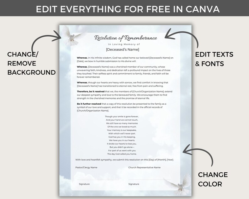 Funeral Resolution Letter, Editable Canva Template, Funeral Poem ...