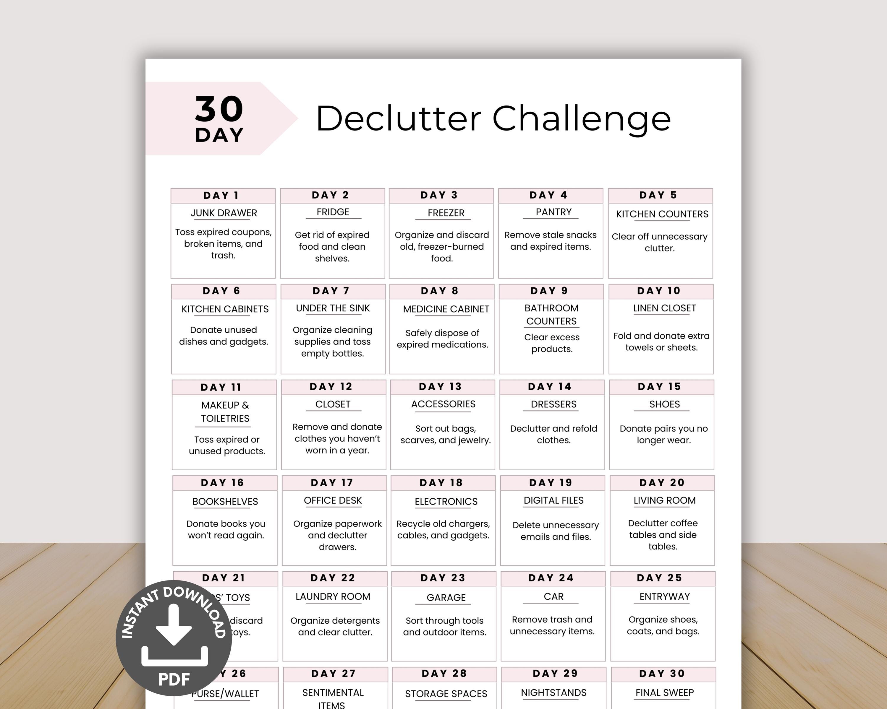 30 Day Declutter Challenge Printable, Home Organization Checklist ...