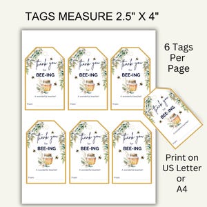 Teacher Appreciation Gift Tag Honey Bee, End of School Year, Holiday ...