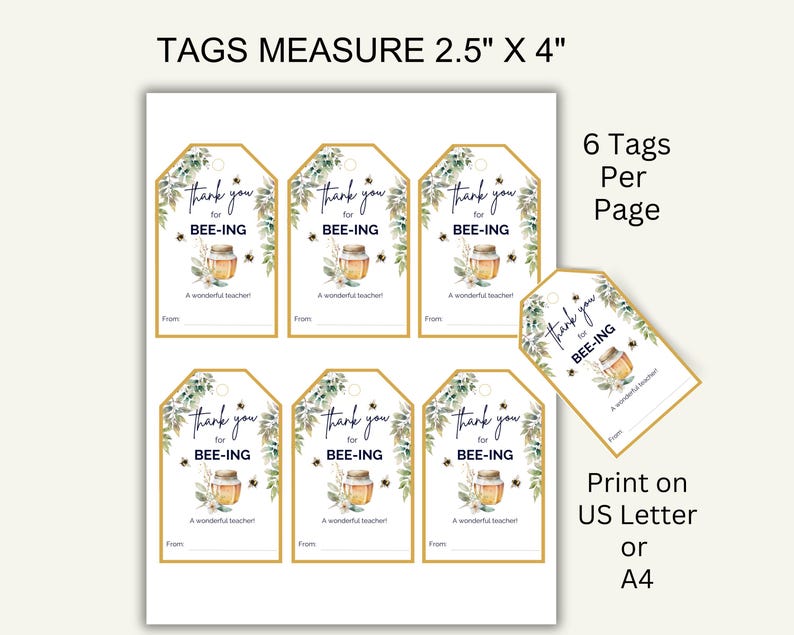 Teacher Appreciation Gift Tag Honey Bee, End of School Year, Holiday ...