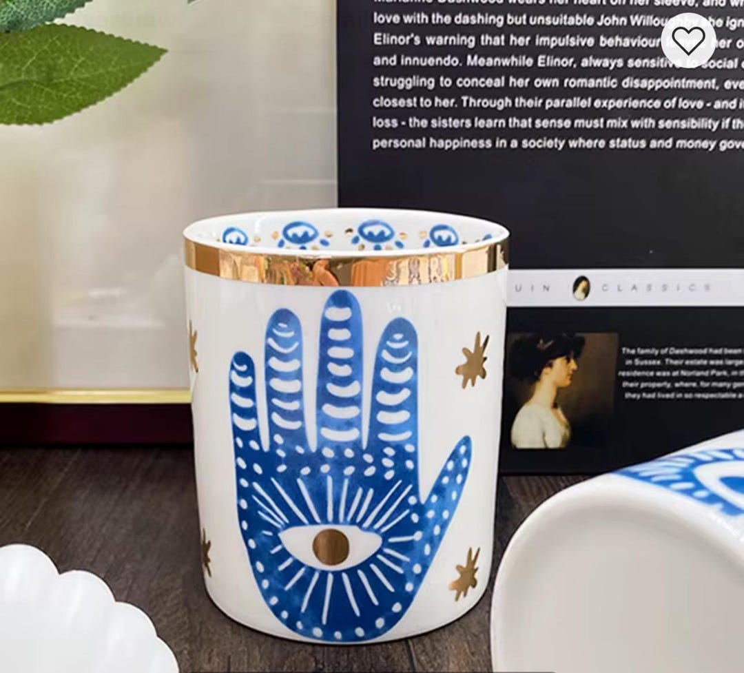 Protection Chic Ceramic Cup Hamsa Hand/ Gold Rim and Handle/handmade ...