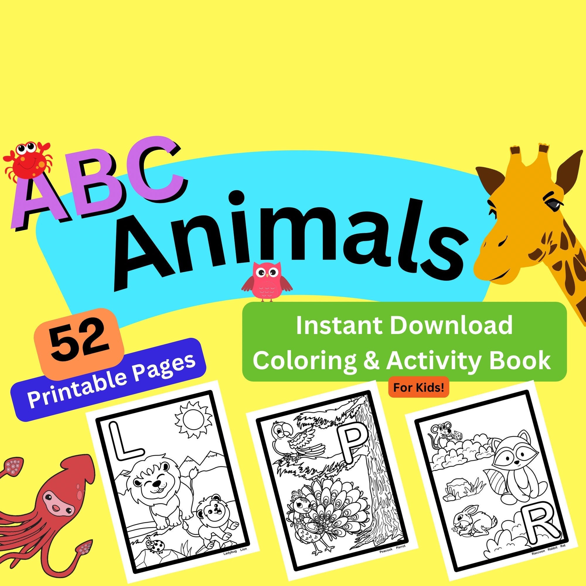ABC Animals: Instant Download Digital Coloring and Activity Book for ...