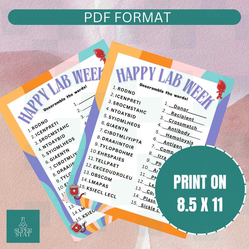 Lab Week 2025 Game Printable Blood Transfusion Service Word Scramble ...