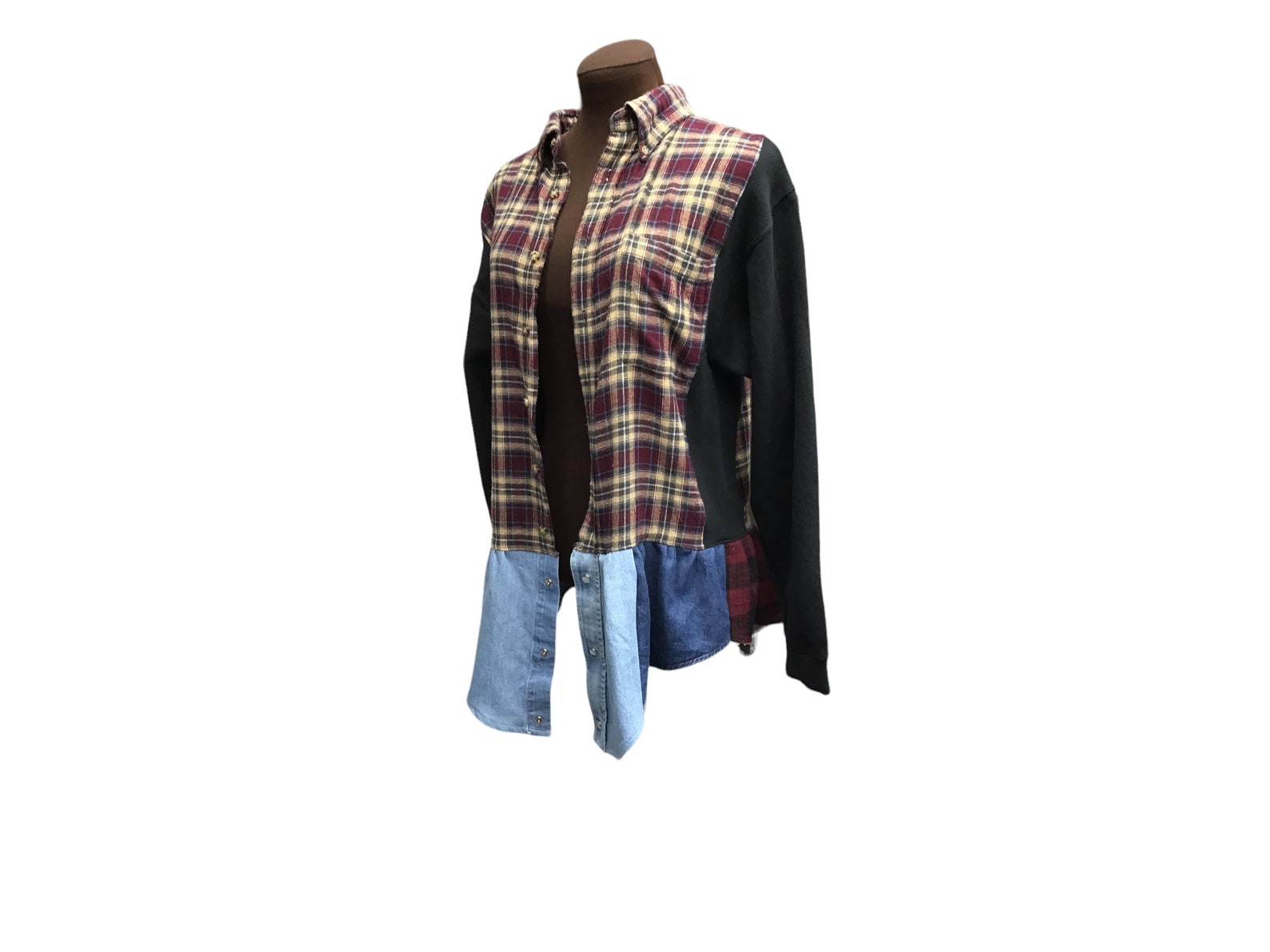 Rustic Upcycled Flannel, Denim and Sweatshirt Button Down Shirt/jacket ...