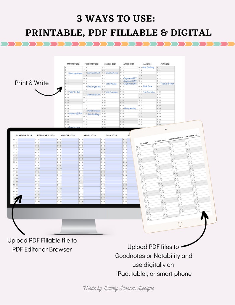 2024 Vertical Calendar | 2024 Printable Digital Yearly Monthly Daily ...