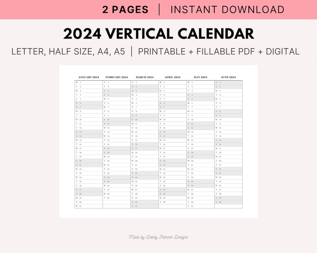 2024 Vertical Calendar | 2024 Printable Digital Yearly Monthly Daily ...