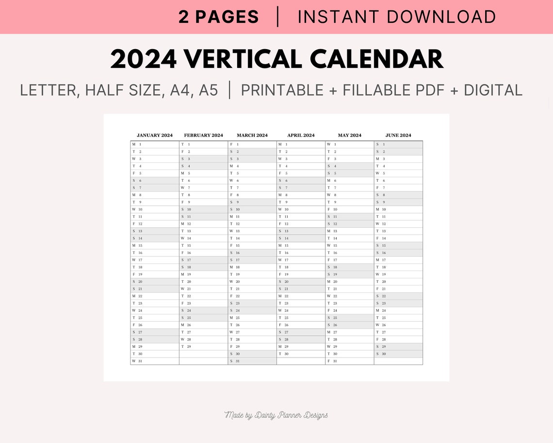 2024 Vertical Calendar | 2024 Printable Digital Yearly Monthly Daily ...