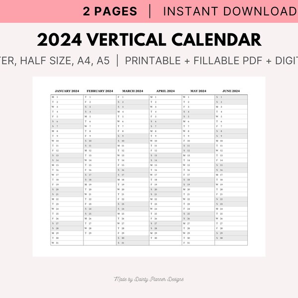 2024 Vertical Calendar 2024 Printable Digital Yearly Monthly Daily ...