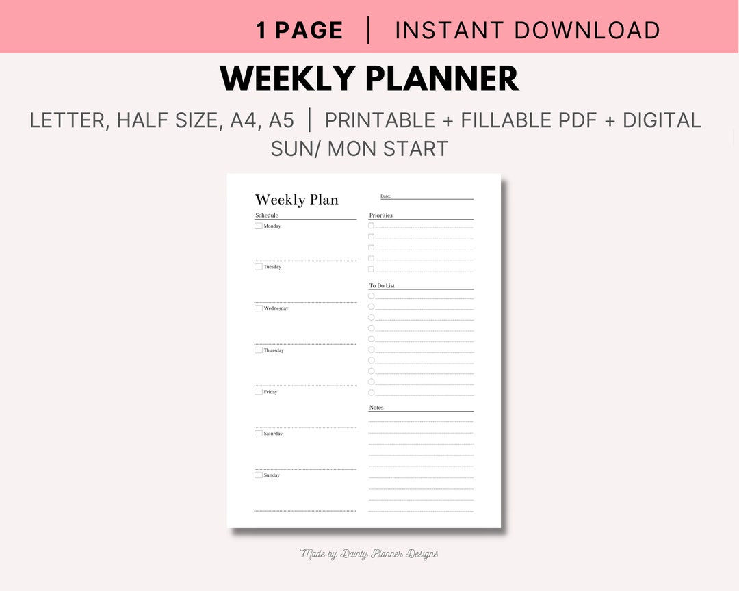Weekly to Do List Printable & Digital, Minimalist Weekly Planner, Week ...