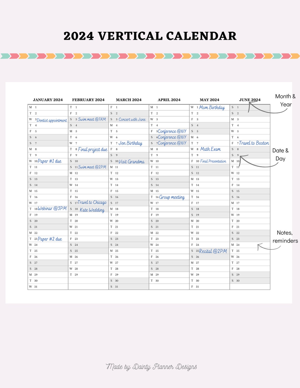 2024 Vertical Calendar | 2024 Printable Digital Yearly Monthly Daily ...