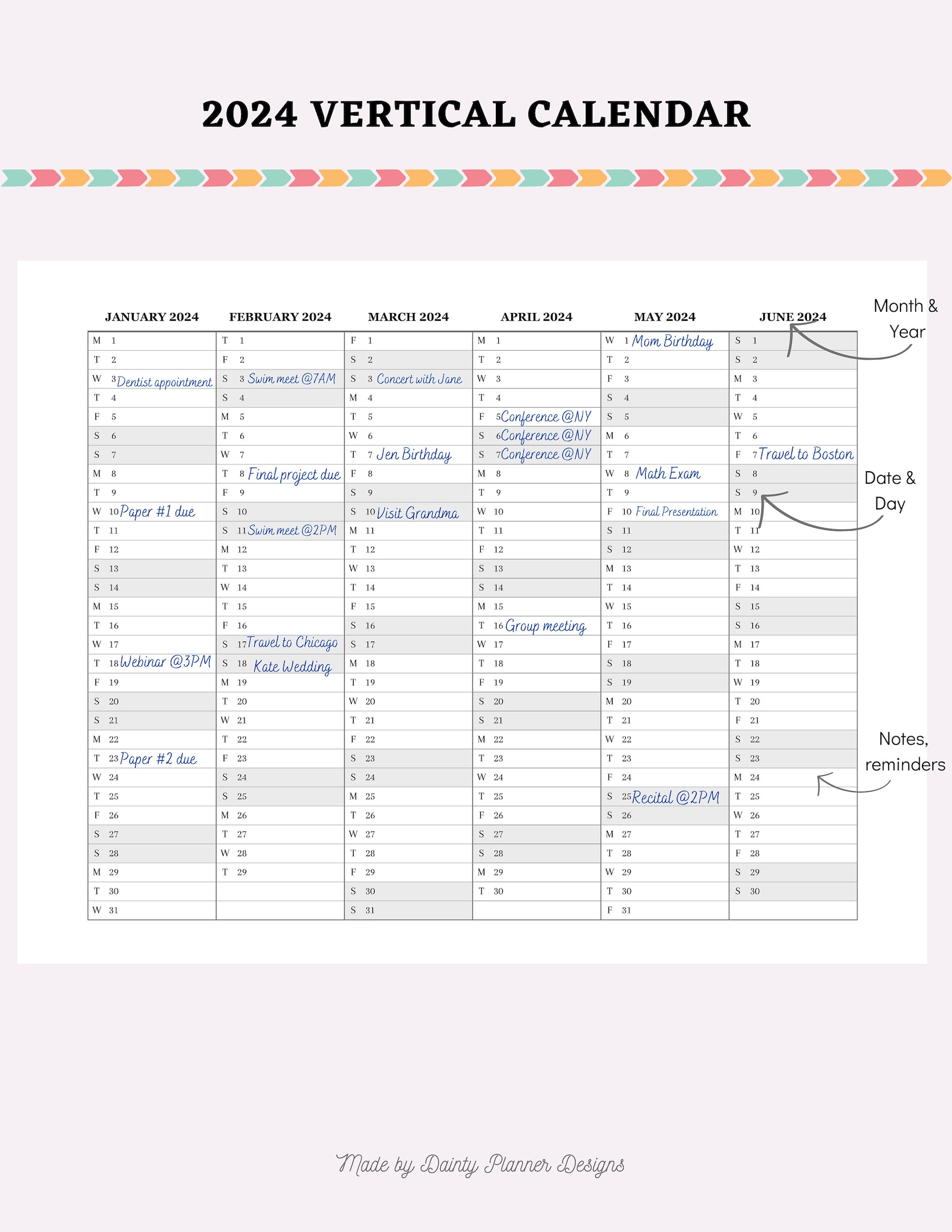 2024 Vertical Calendar | 2024 Printable Digital Yearly Monthly Daily ...