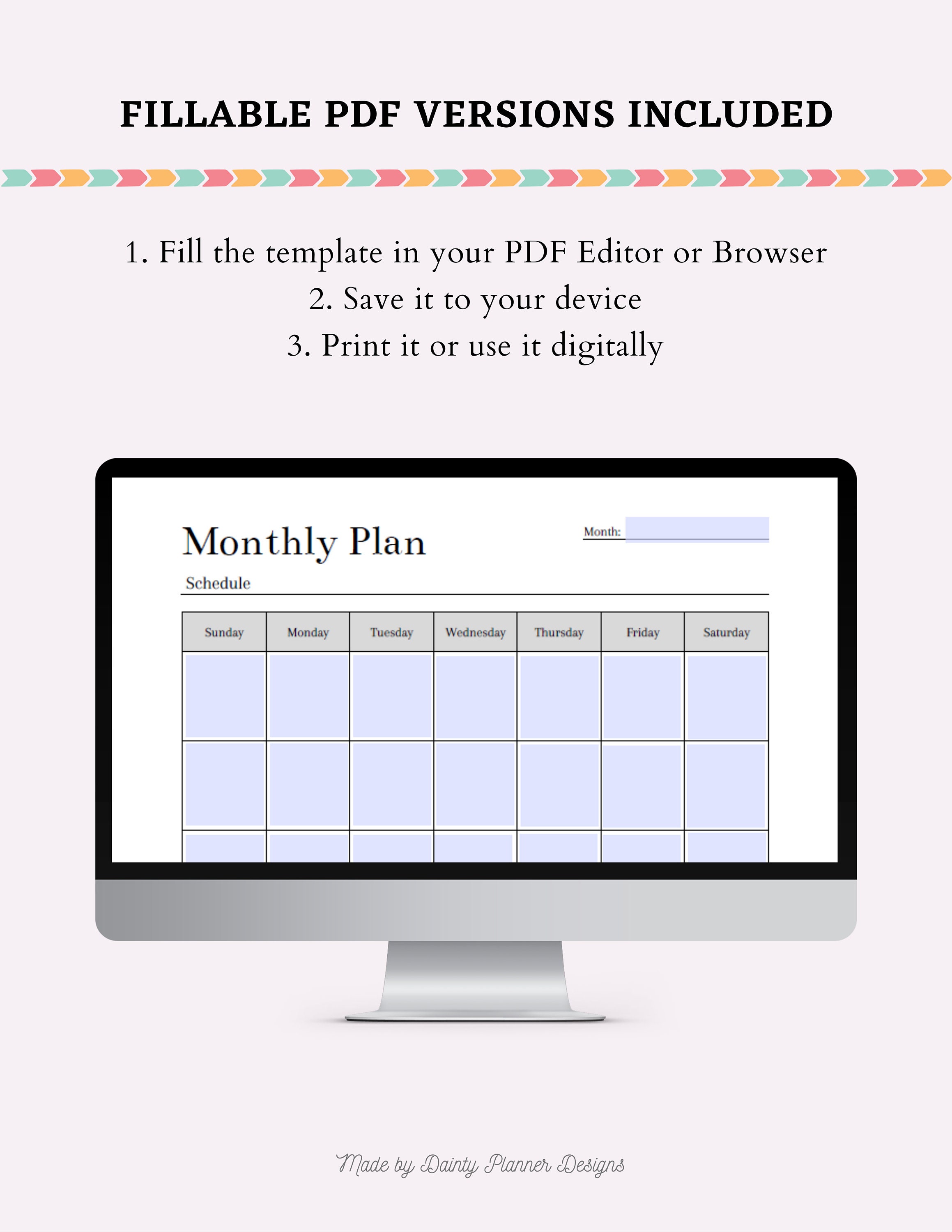 Monthly Calendar Printable & Digital Planner, Month at a Glance ...