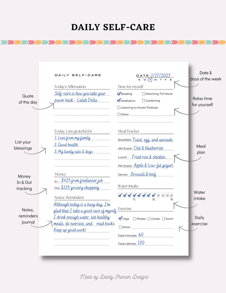 Daily Planner, Daily Self Care | Printable/ Digital Template, Work ...