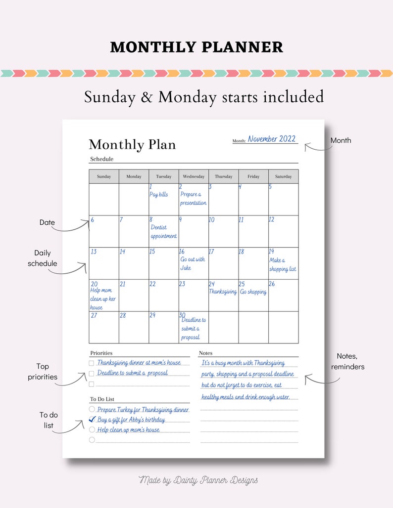 Monthly Calendar Printable & Digital Planner, Month at a Glance ...