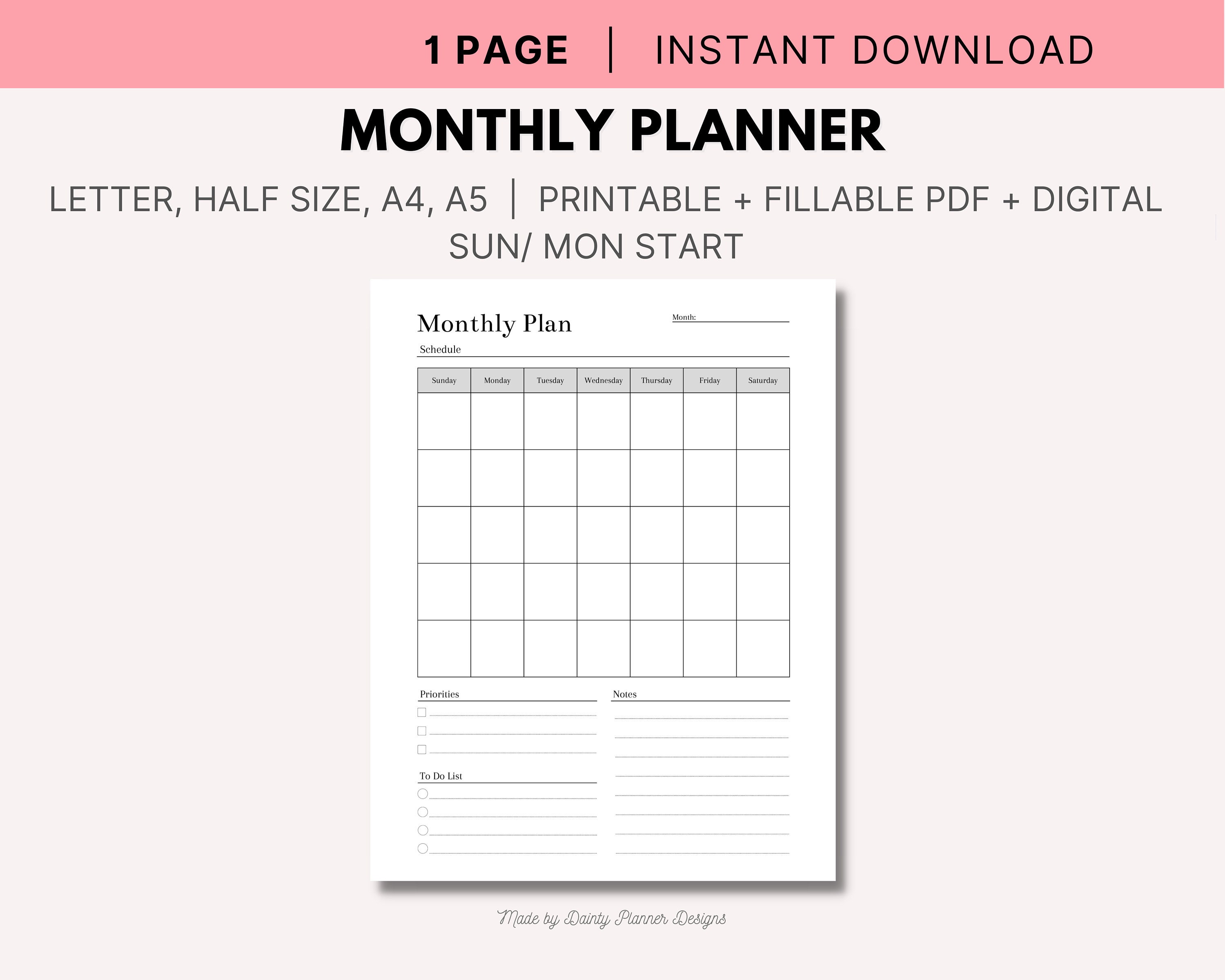Monthly Calendar Printable & Digital Planner, Month at a Glance ...