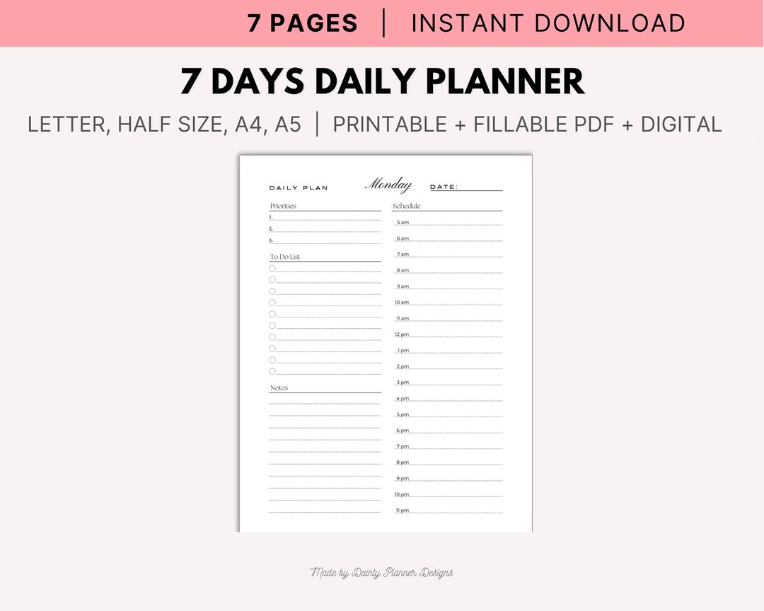 7 Day Daily Weekly Printable/ Digital Planner, Daily to Do List ...
