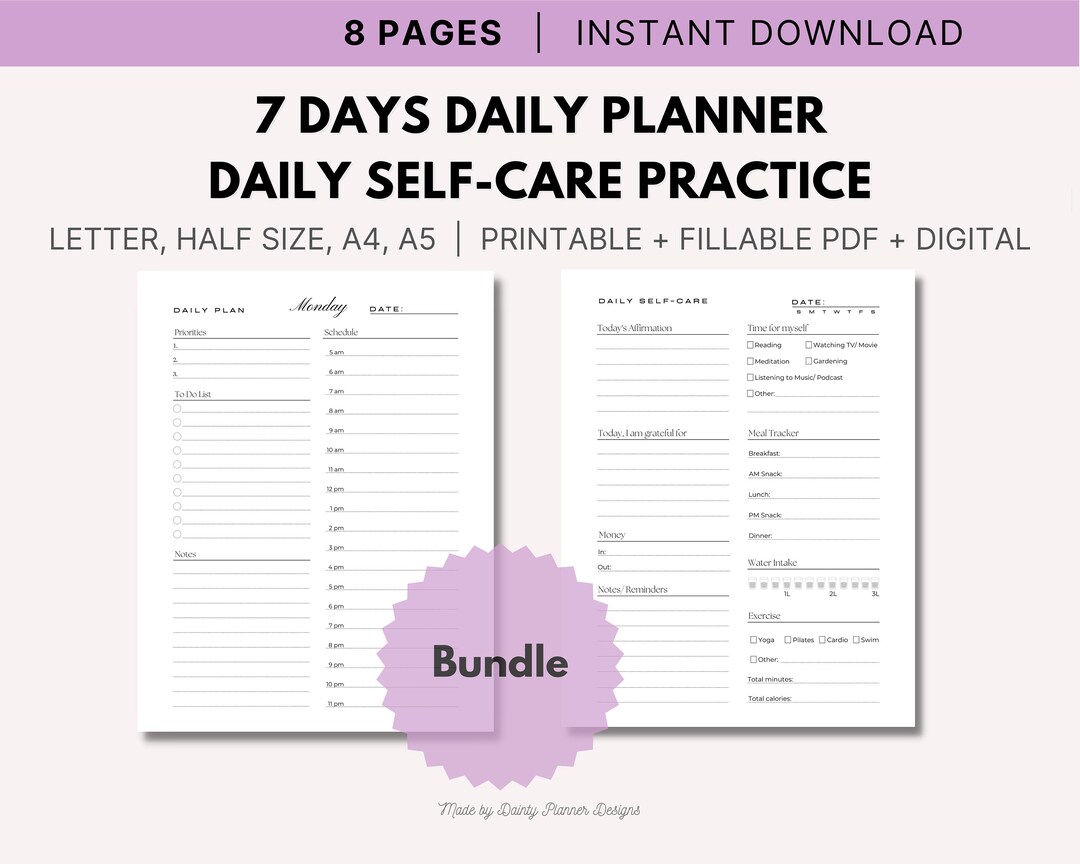 Daily Planner, Daily Self Care | Printable/ Digital Template, Work ...