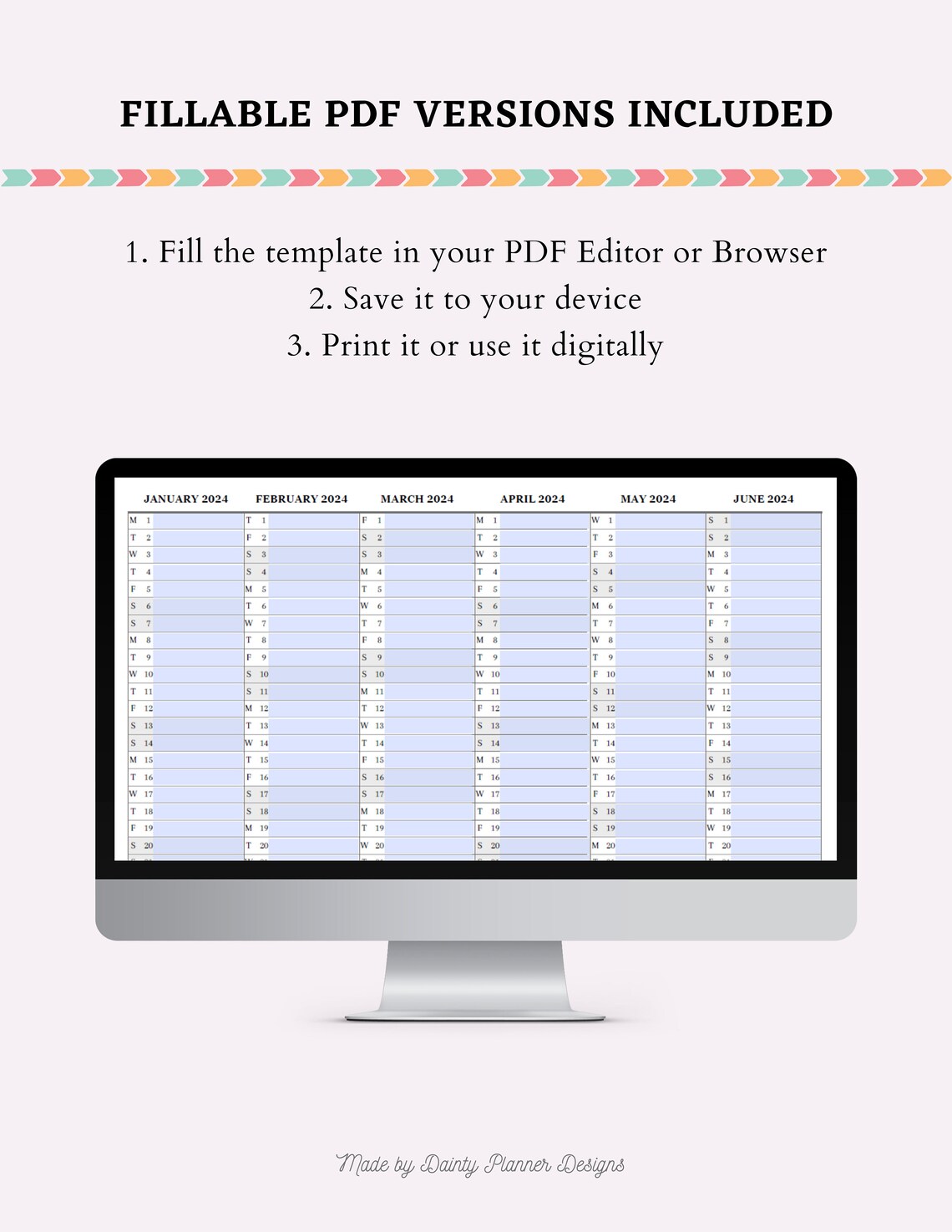 2024 Vertical Calendar | 2024 Printable Digital Yearly Monthly Daily ...