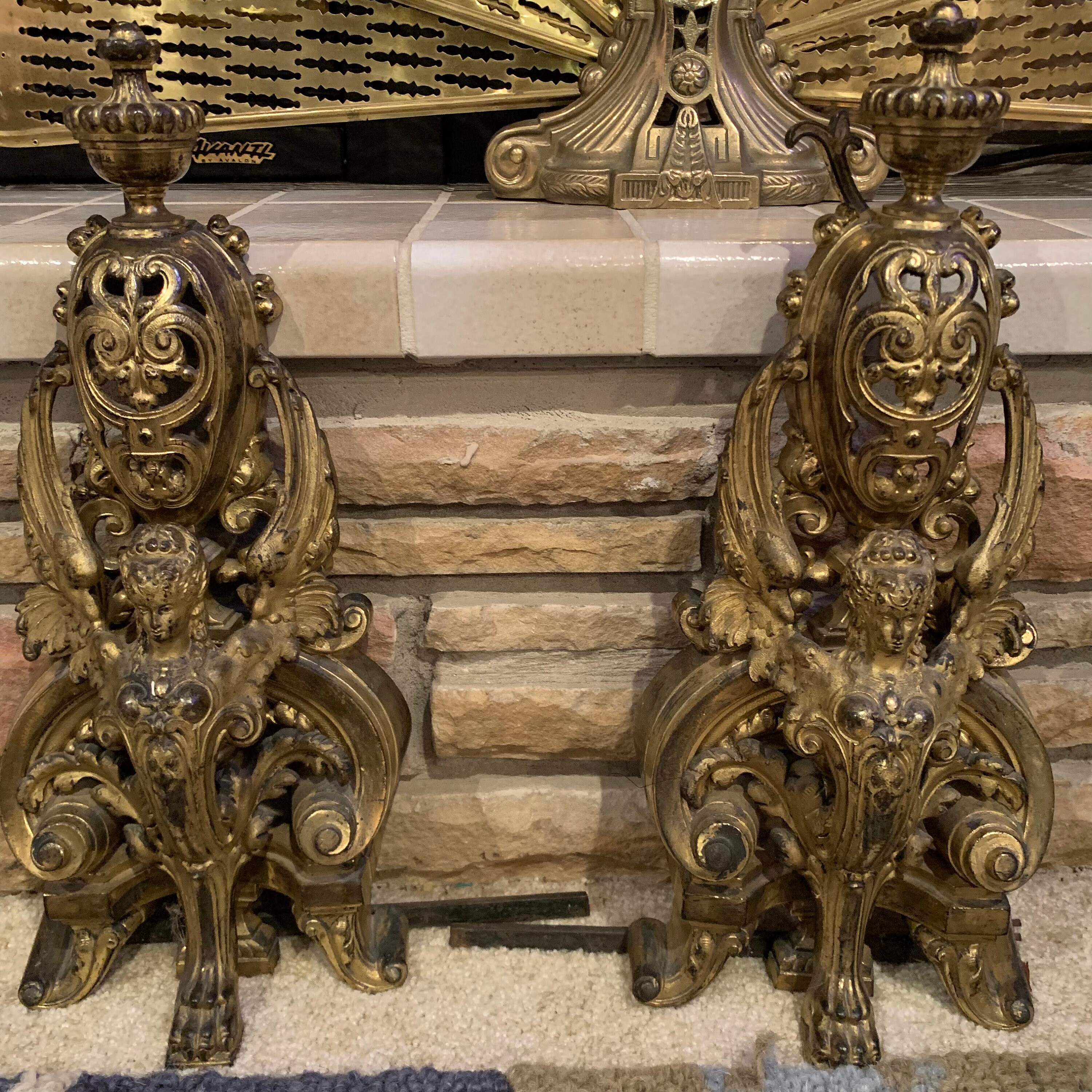 Antique Brass Fireplace Andirons Pair Goddess/siren Gilt Louis - Etsy