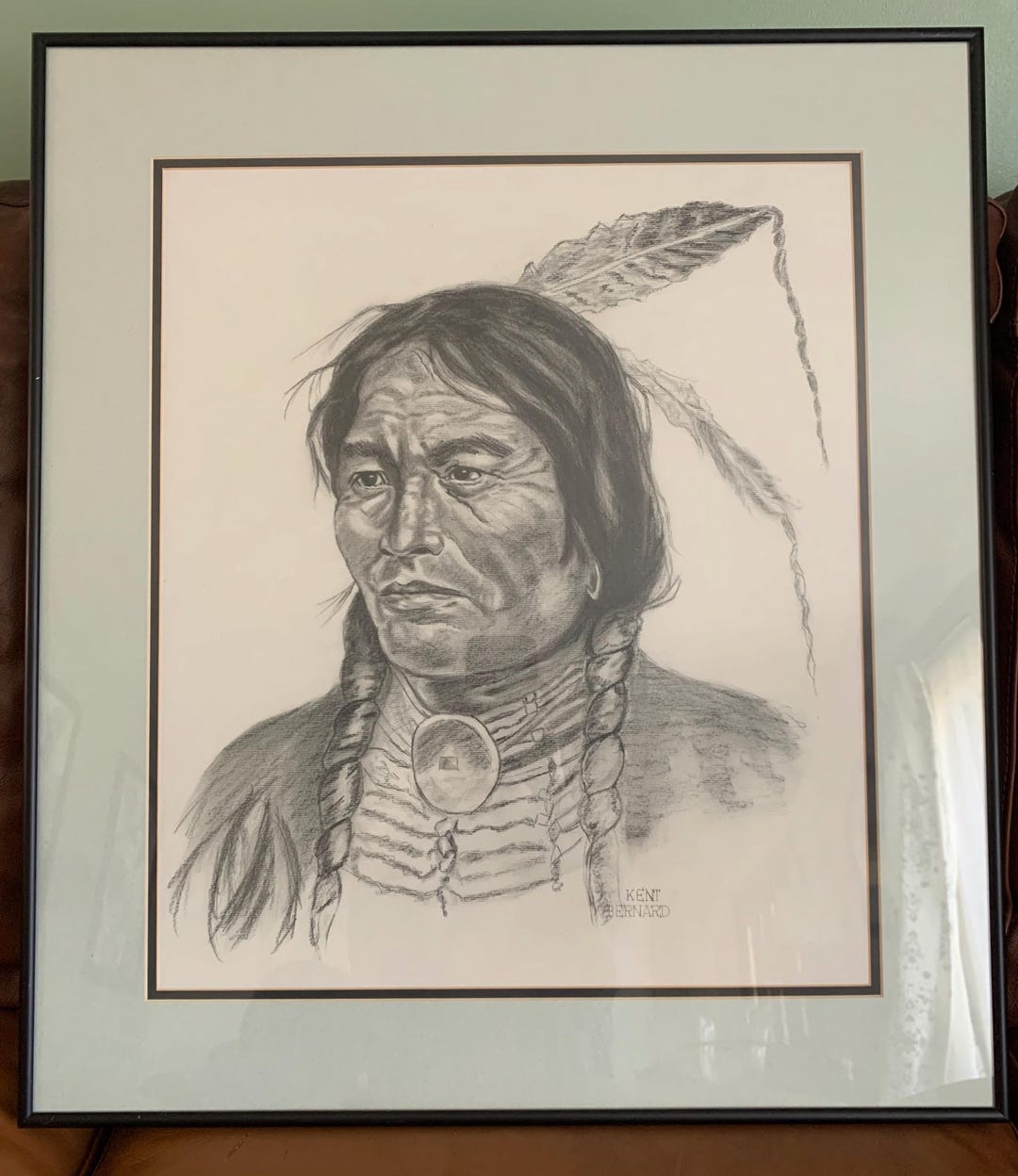 Charcoal Drawing of Indian Chief Wolf Robe? by Kent Bernard VTG Framed ...