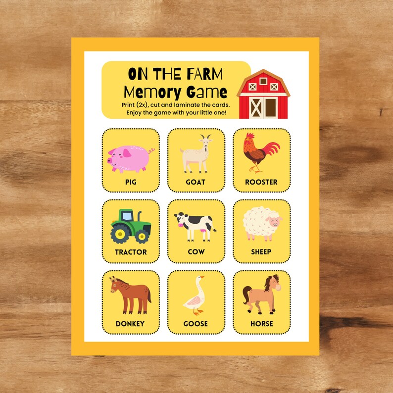 On the Farm Memory Game, Activity for Toddler, Preschool Game, Matching ...