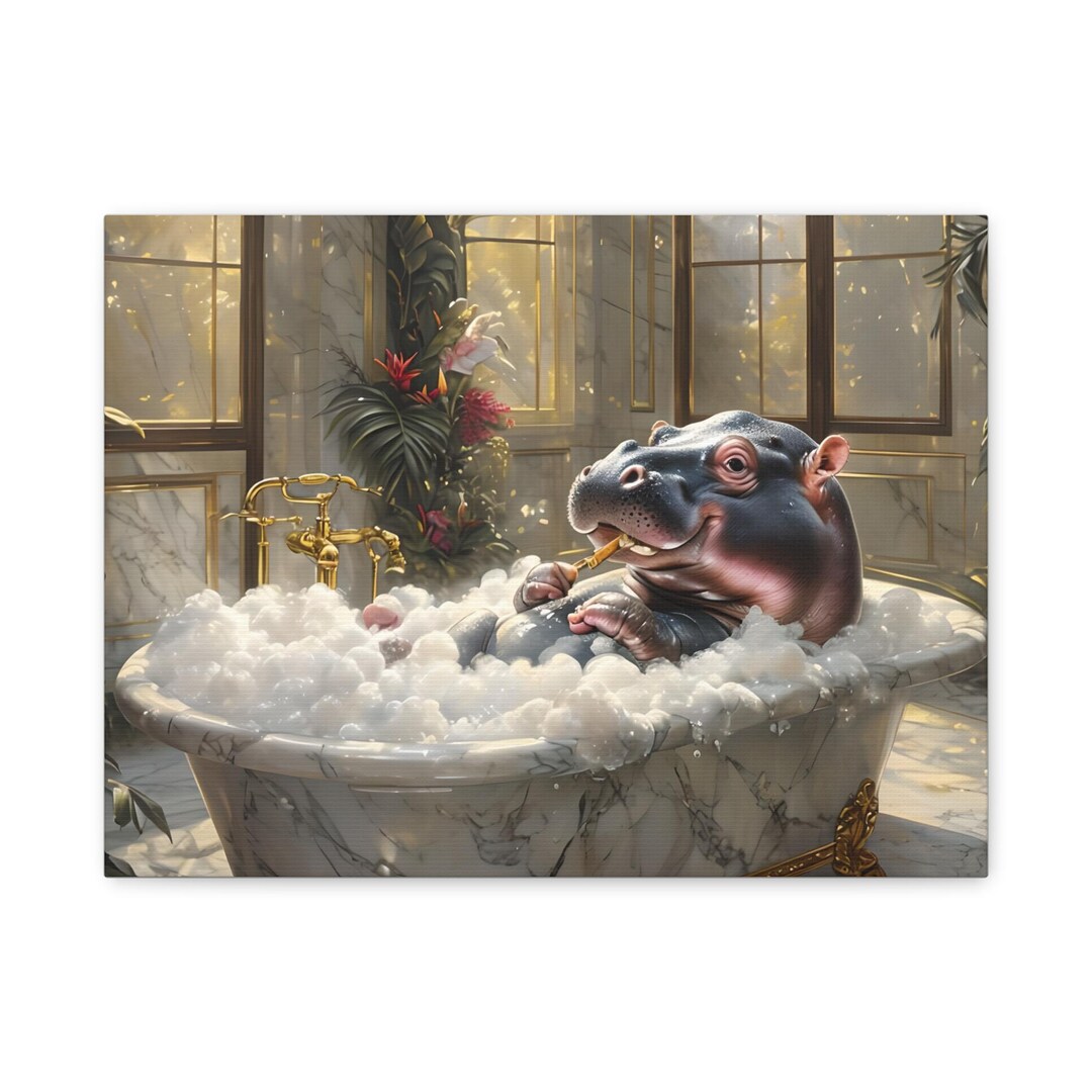Canvas Wall Art, Whimsical Hippo Bathroom Decor, Stretched Matte Print ...