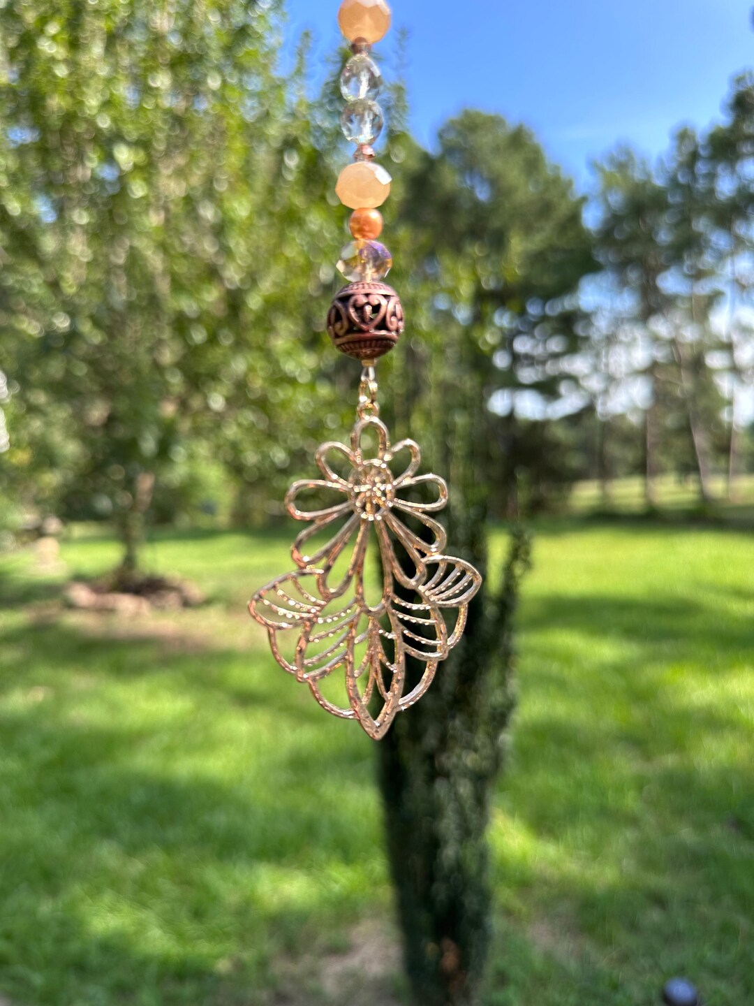 Gold Flower Car Charm: Copper Pearls, Crystal Beads, Rear View Mirror ...